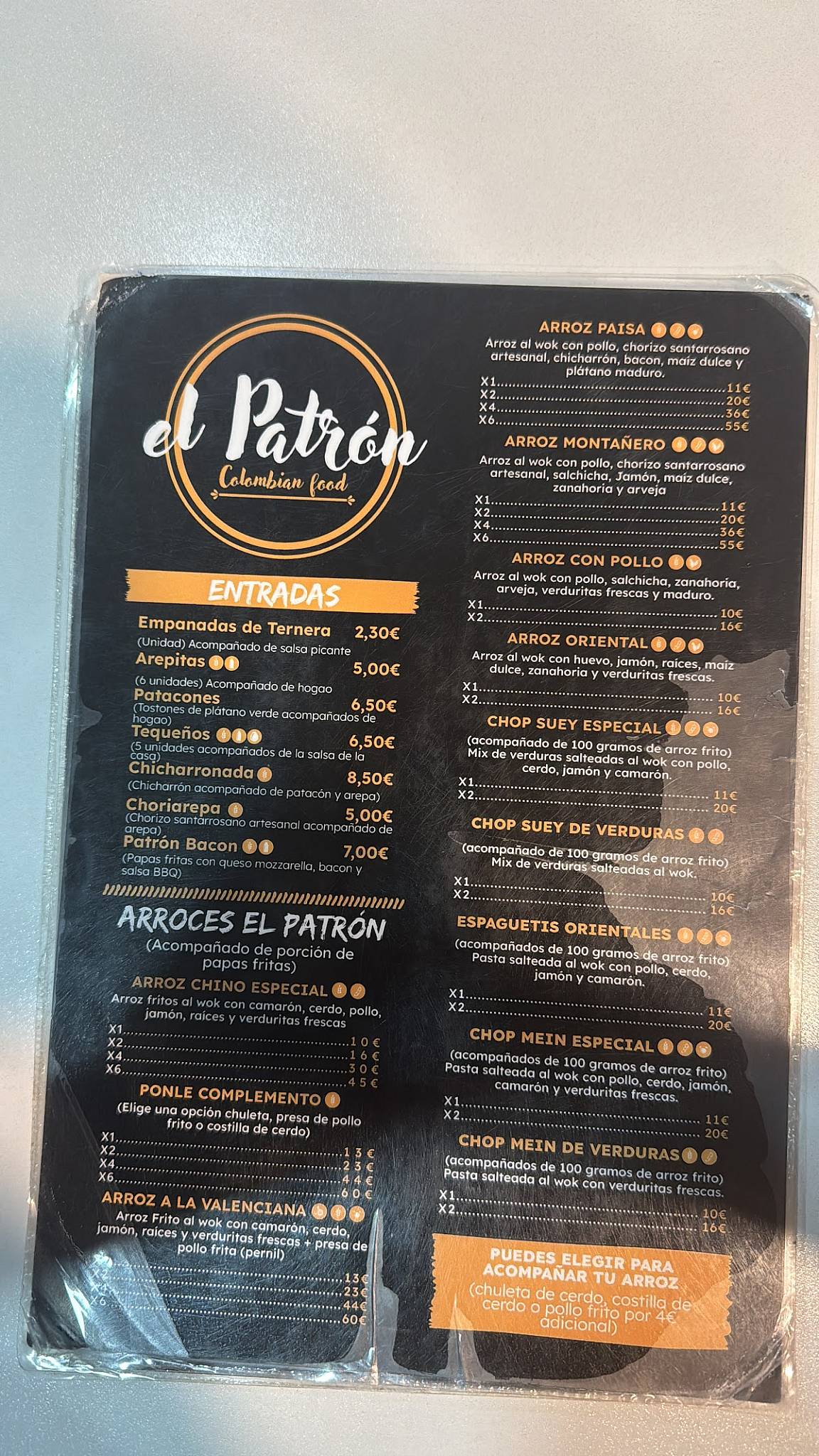 Menu at El Patrón restaurant, Valencia