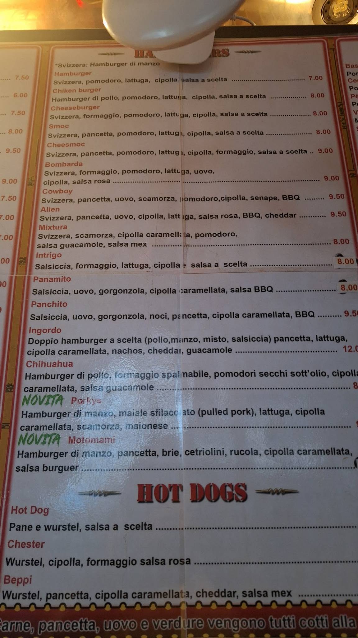 Menu au El Pecador pub et bar, Lido