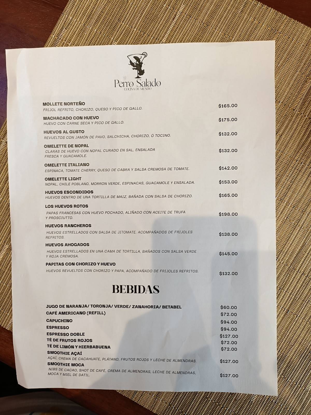Carta del restaurante El Perro Salado, Monterrey