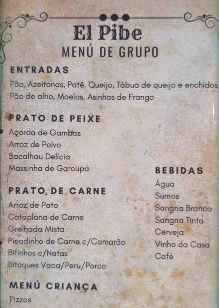 Menu em El Pibe sport bar, Sarilhos Grandes