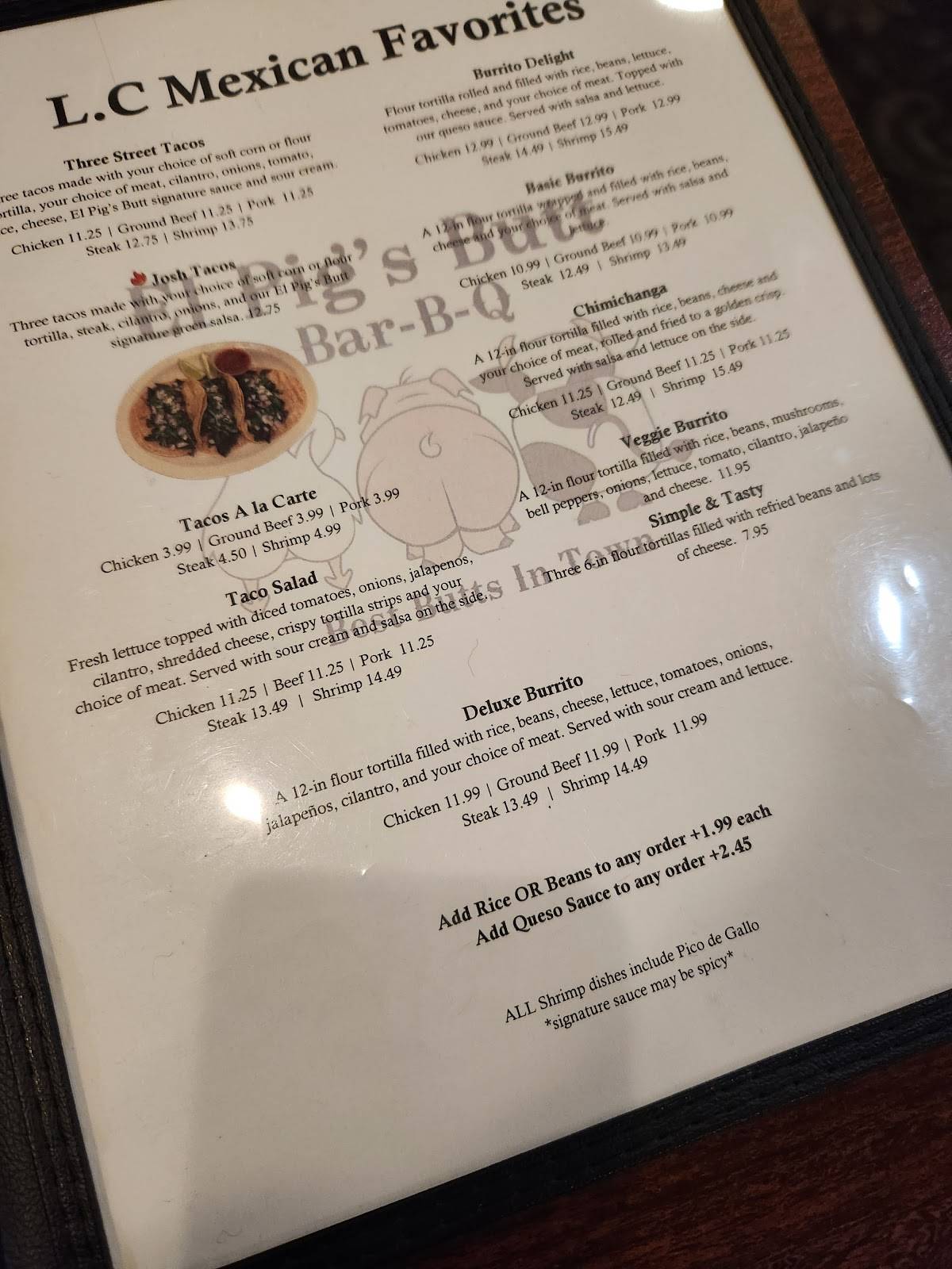 Menu at El Pig’s Butt Bar-B-Q, Kewaskum