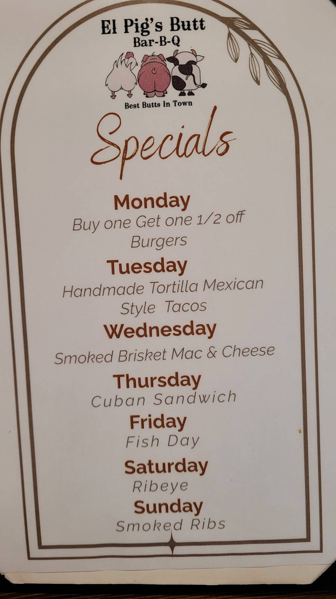 Menu at El Pig’s Butt Bar-B-Q, Kewaskum