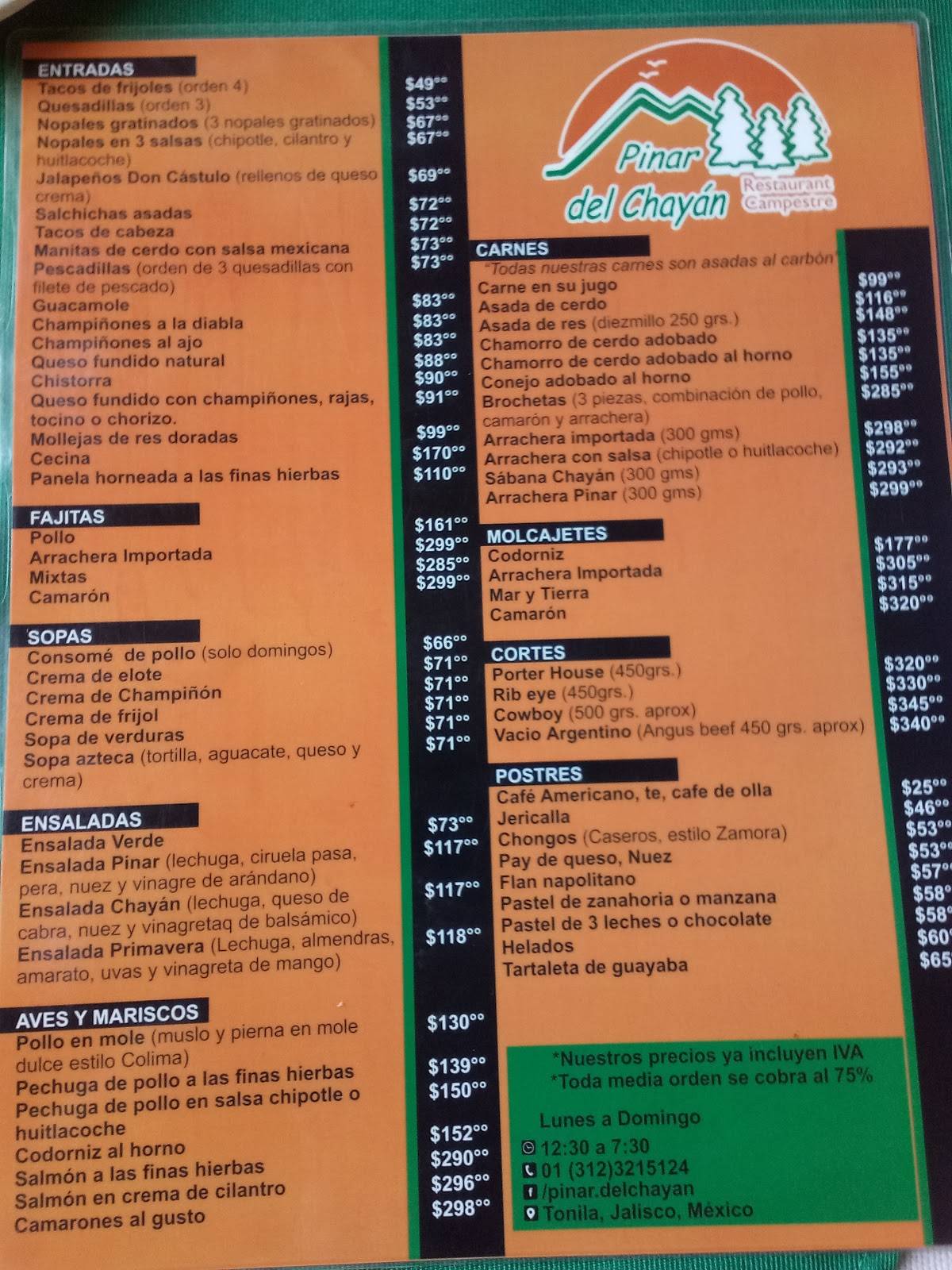 Carta del restaurante El Pinar del Chayán, Tonila, Autopista Colima ...