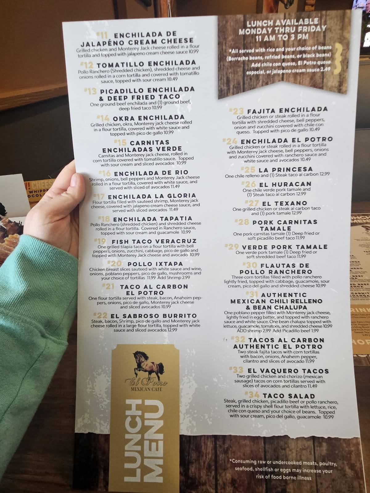 Menu at El Potro Mexican restaurant, Liberty