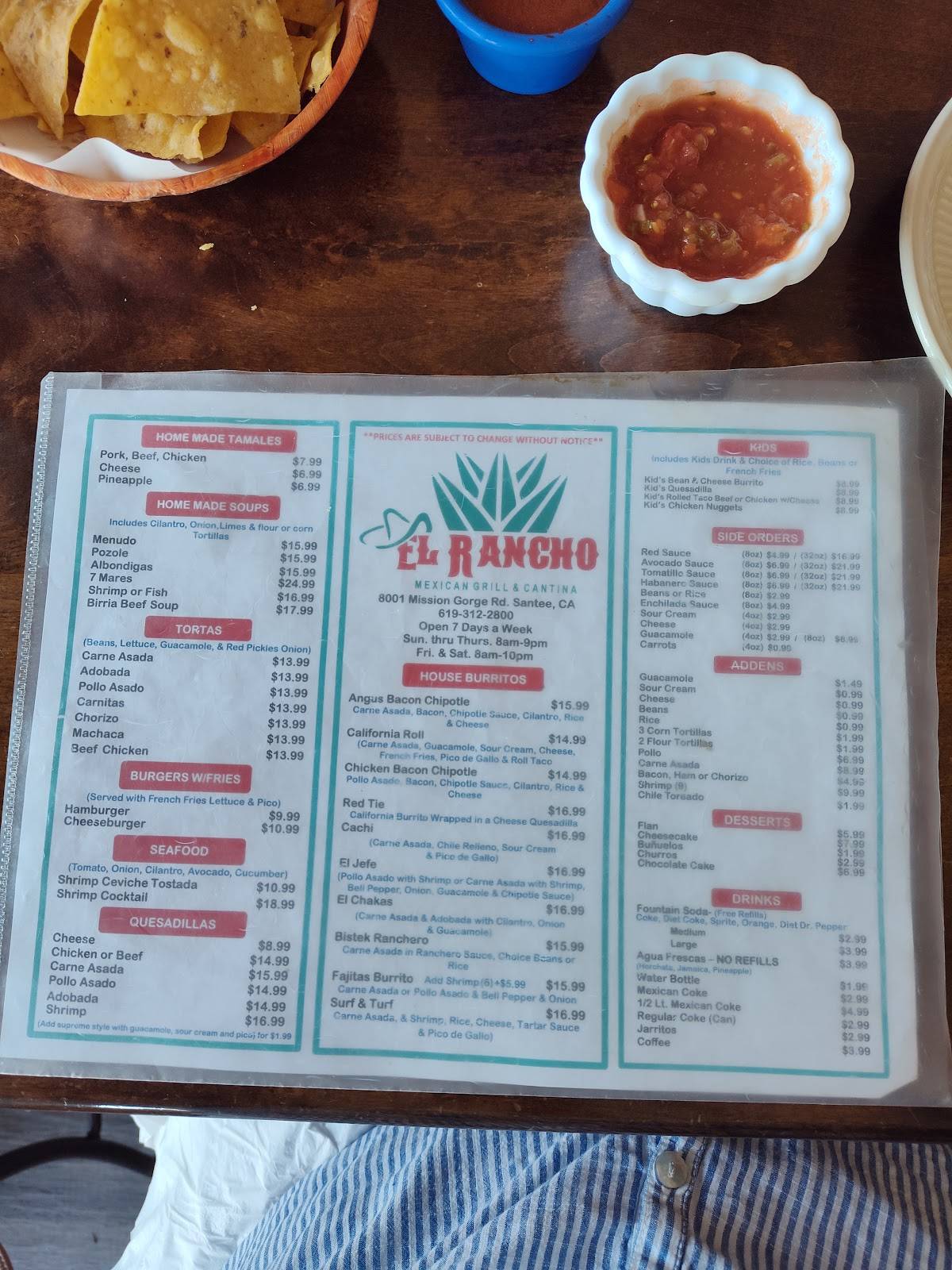 Menu at El Rancho restaurant, Santee