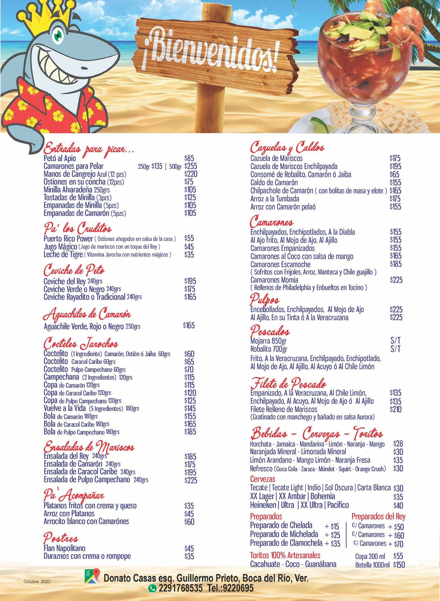 Carta del restaurante El Rey Tiburón Marisquería, Veracruz