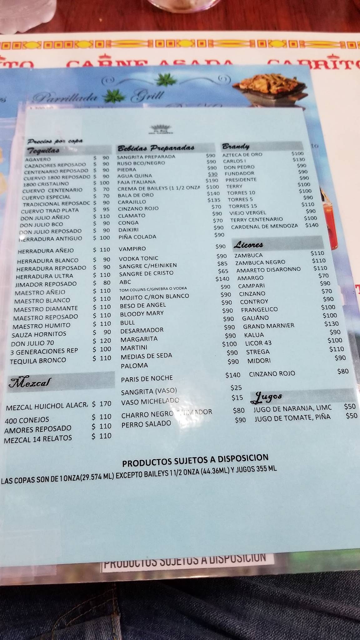 Menu at El Rey del Cabrito steakhouse, Monterrey, Constitución 2050