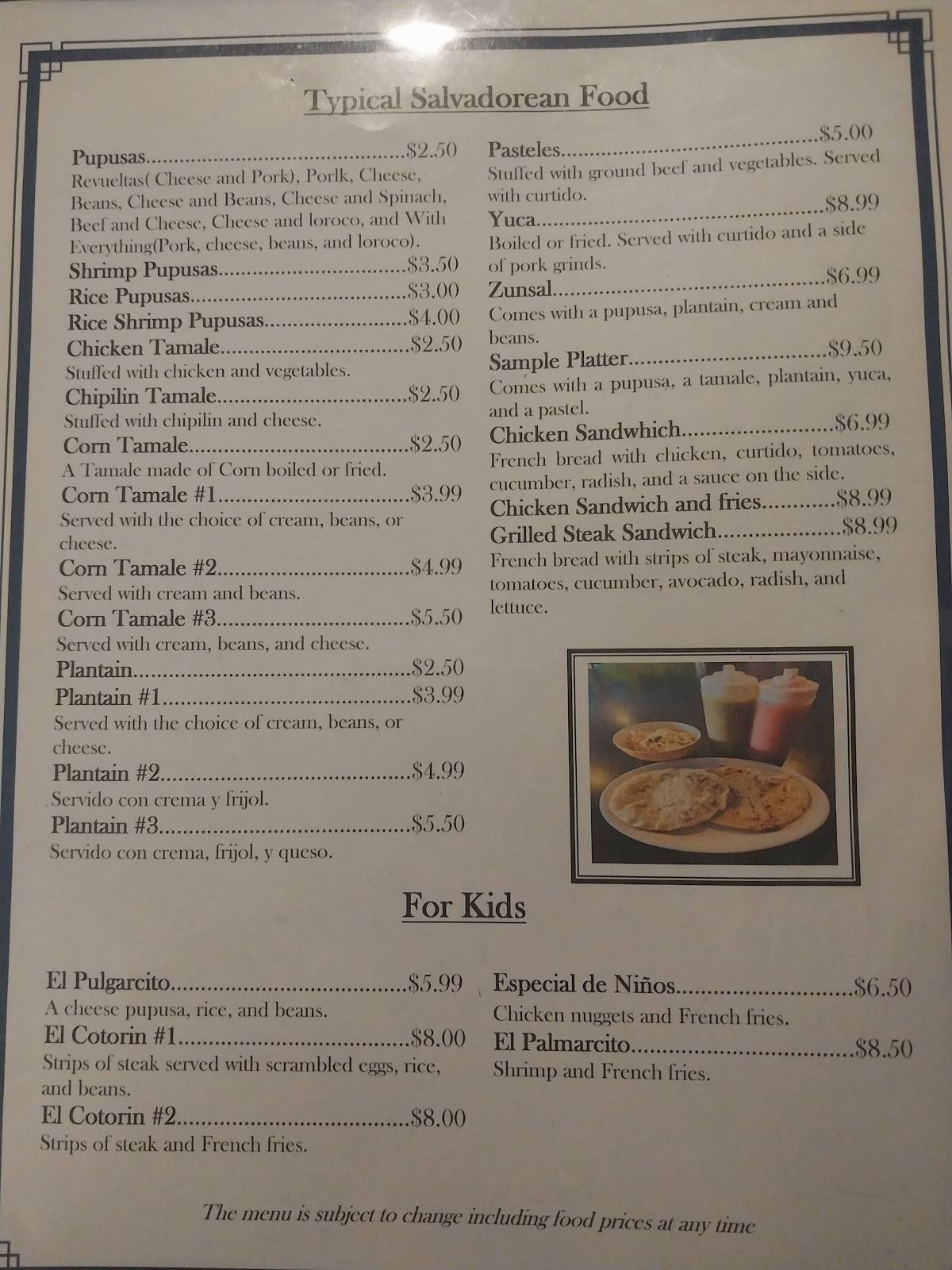 Menu at El Salvador Del Mundo restaurant, Des Moines