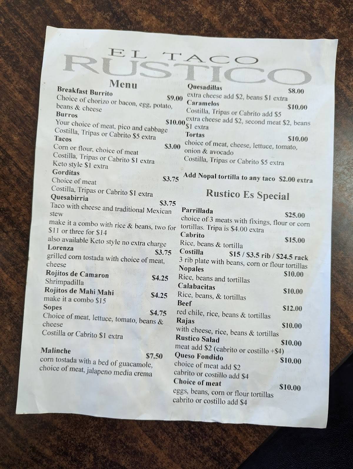 Menu at El Taco Rustico restaurant, Tucson, N Oracle Rd