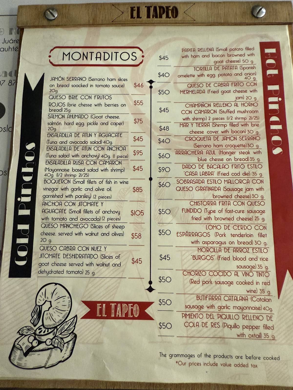 Menu at El Tapeo pub & bar, Ciudad López Mateos, Oslo 6