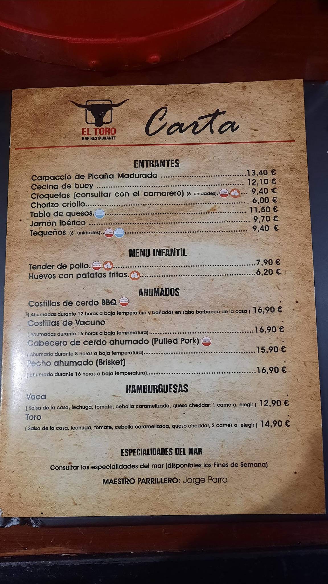 Carta de El Toro Bar Restaurante, Valladolid