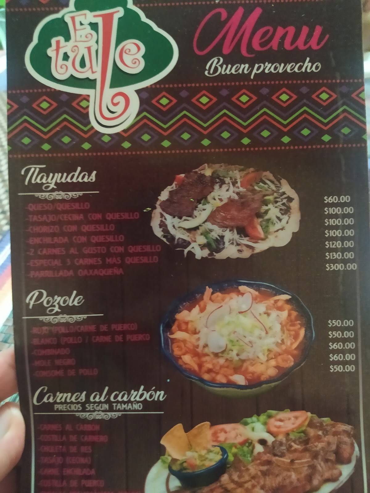 Menu at El Tule restaurant, Tehuacán