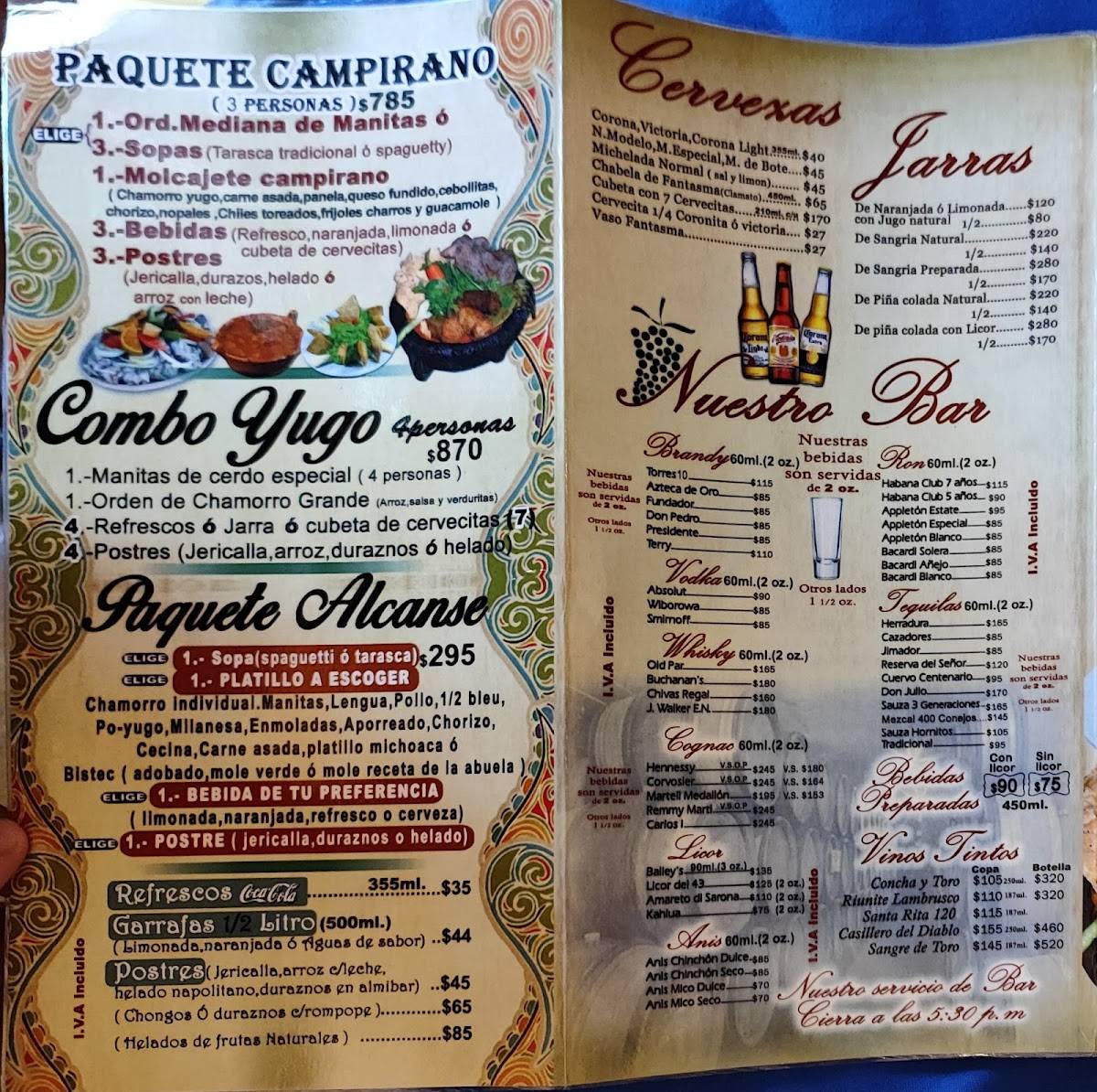 Carta del restaurante El Yugo, Morelia, Carlos Salazar 18