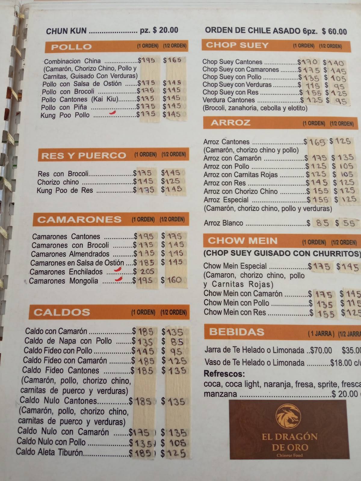Menu at El dragón de oro, Ensenada