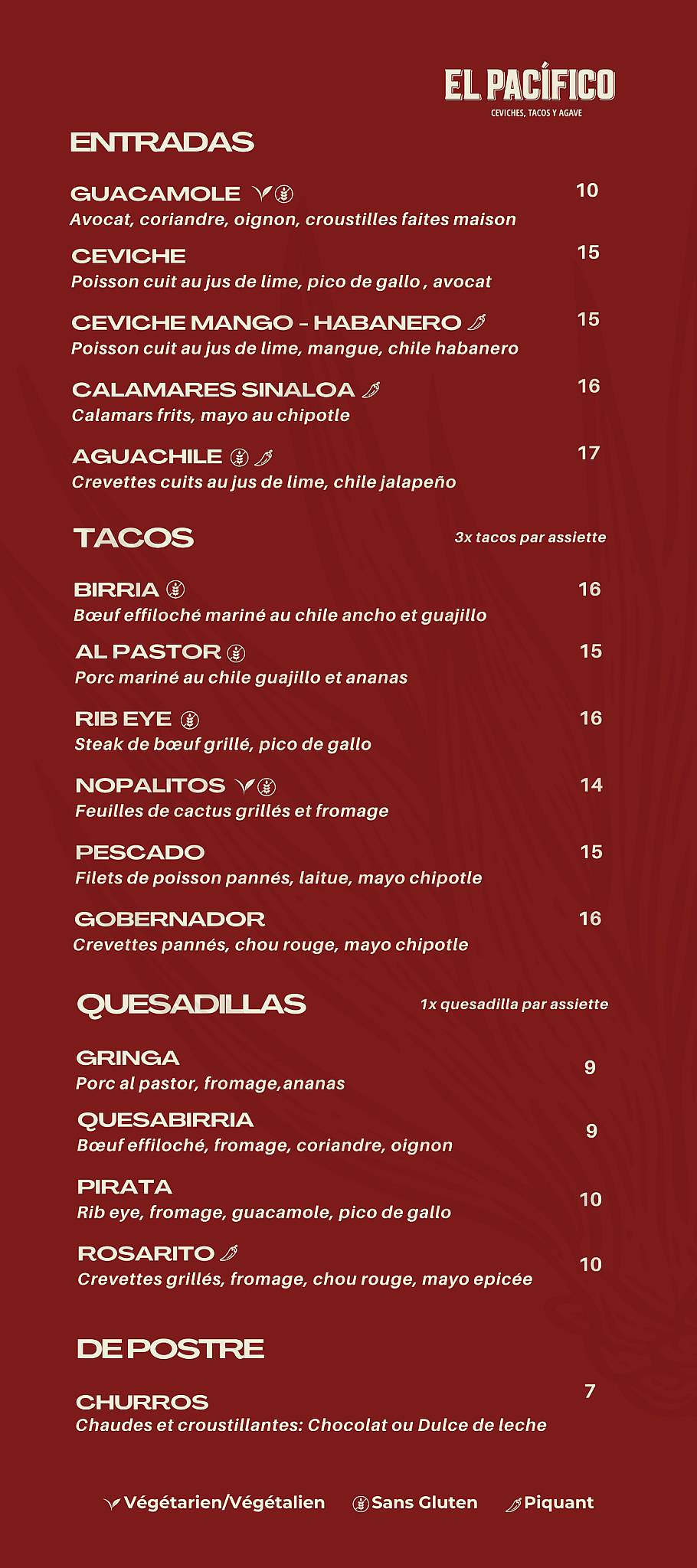 Carta del restaurante El pacifico, Montréal