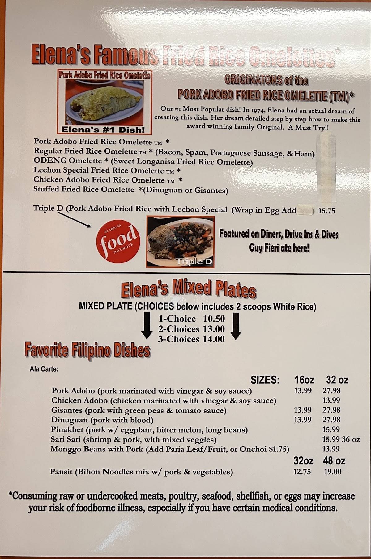 Carta de Elena's Restaurant, Waipahu, Tropicana Square Shopping Center