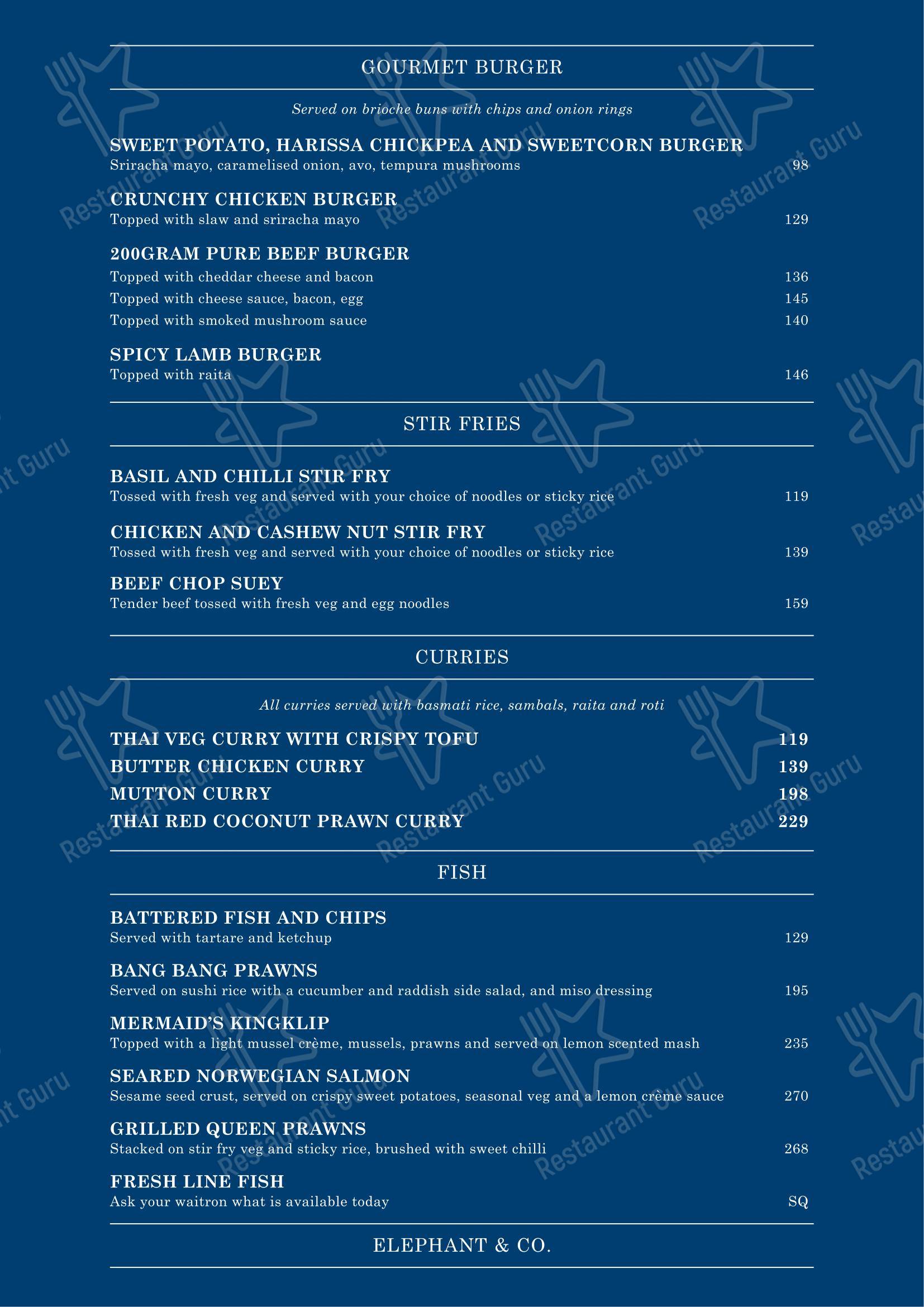 Menu at Elephant & Co Athlone restaurant, Pietermaritzburg, Athlone Circle