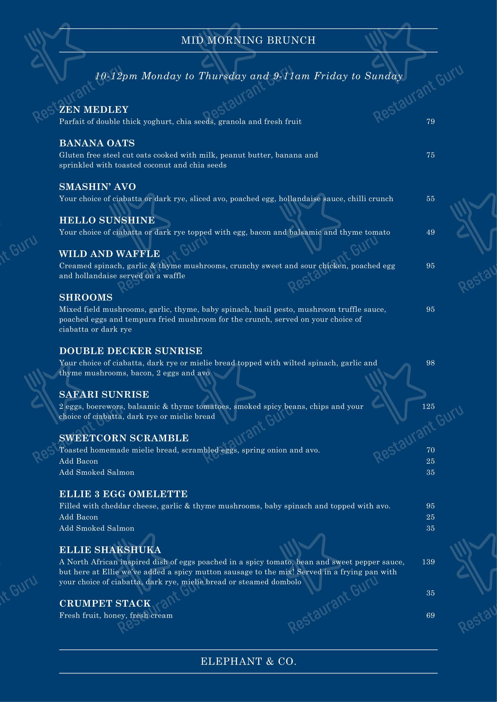 Menu at Elephant & Co Athlone restaurant, Pietermaritzburg, Athlone Circle