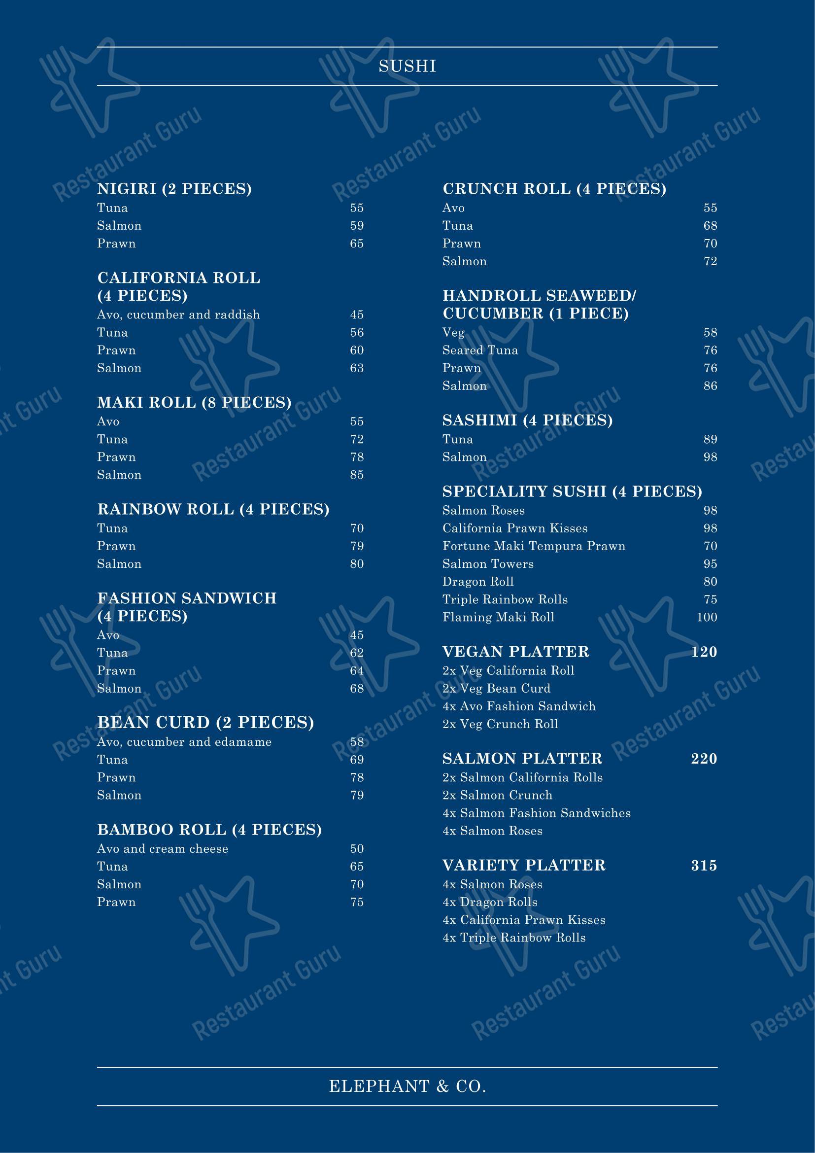 Menu at Elephant & Co Athlone restaurant, Pietermaritzburg, Athlone Circle