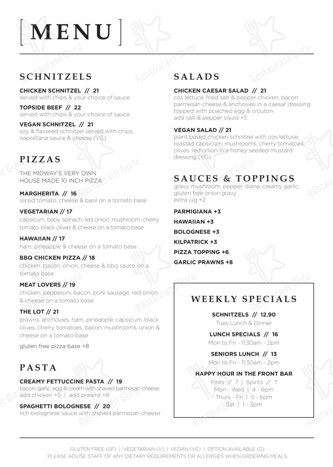 Menu at Midway Tavern restaurant, Elizabeth Downs