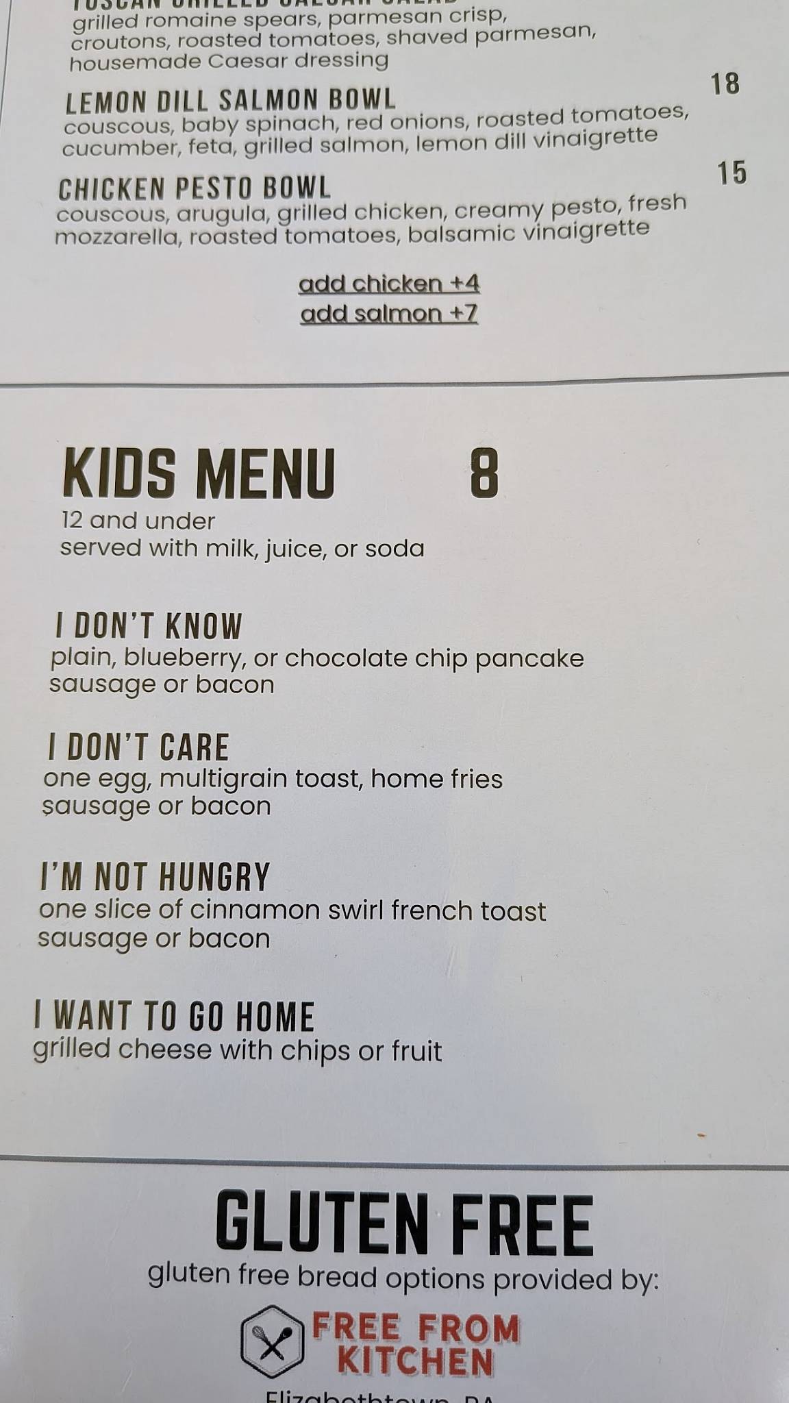 Menu at Whisk Cafe, Elizabethtown