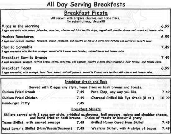 Menu at Elk's Diner restaurant, Burleson