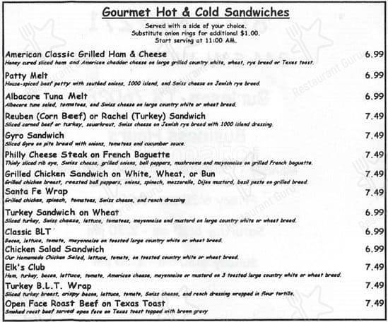 Menu at Elk's Diner restaurant, Burleson