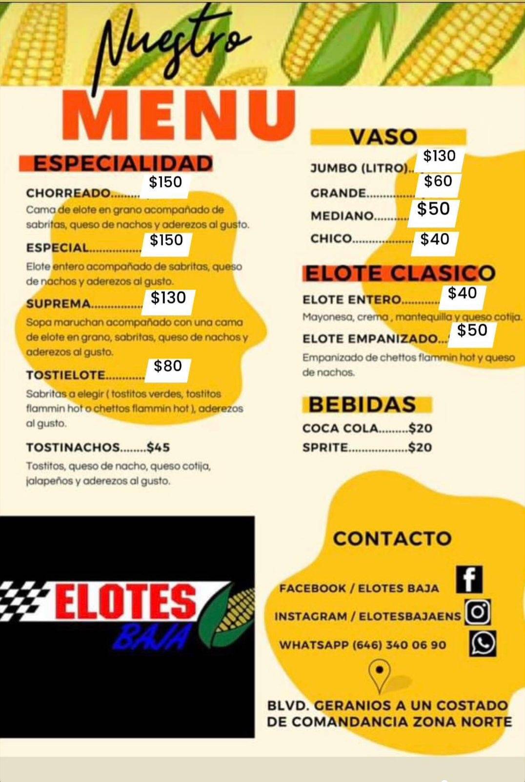 Carta del restaurante Elotes Baja, Ensenada, Blvd. Geranios 464