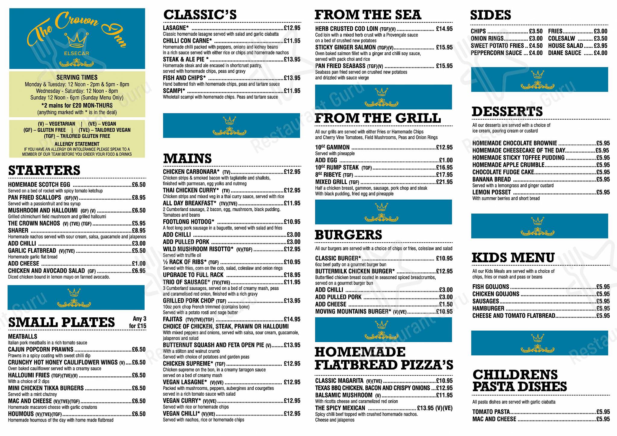 Menu at The Crown Inn Elsecar pub & bar, Barnsley