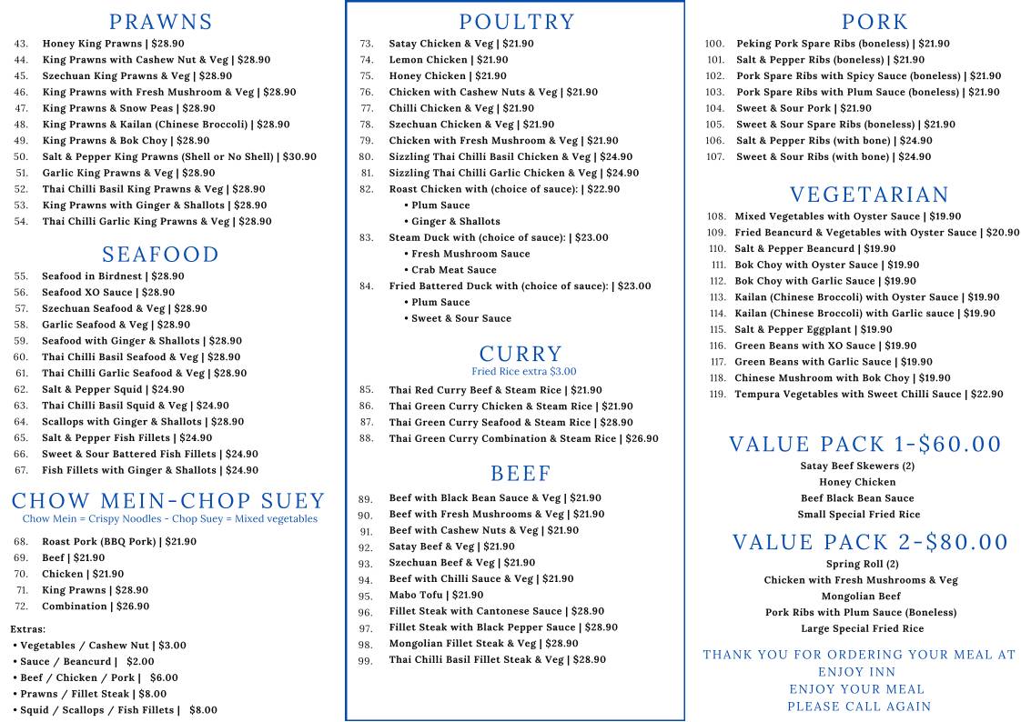 Menu at Enjoy Inn restaurant, Woodville