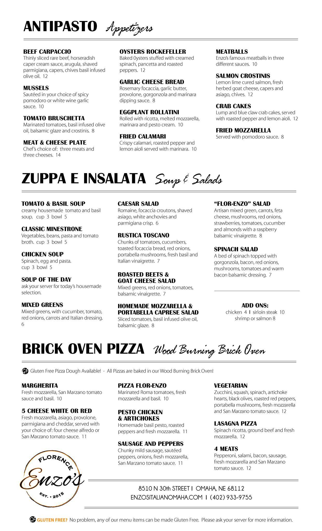 Menu at Enzo's Italian pizzeria, Omaha