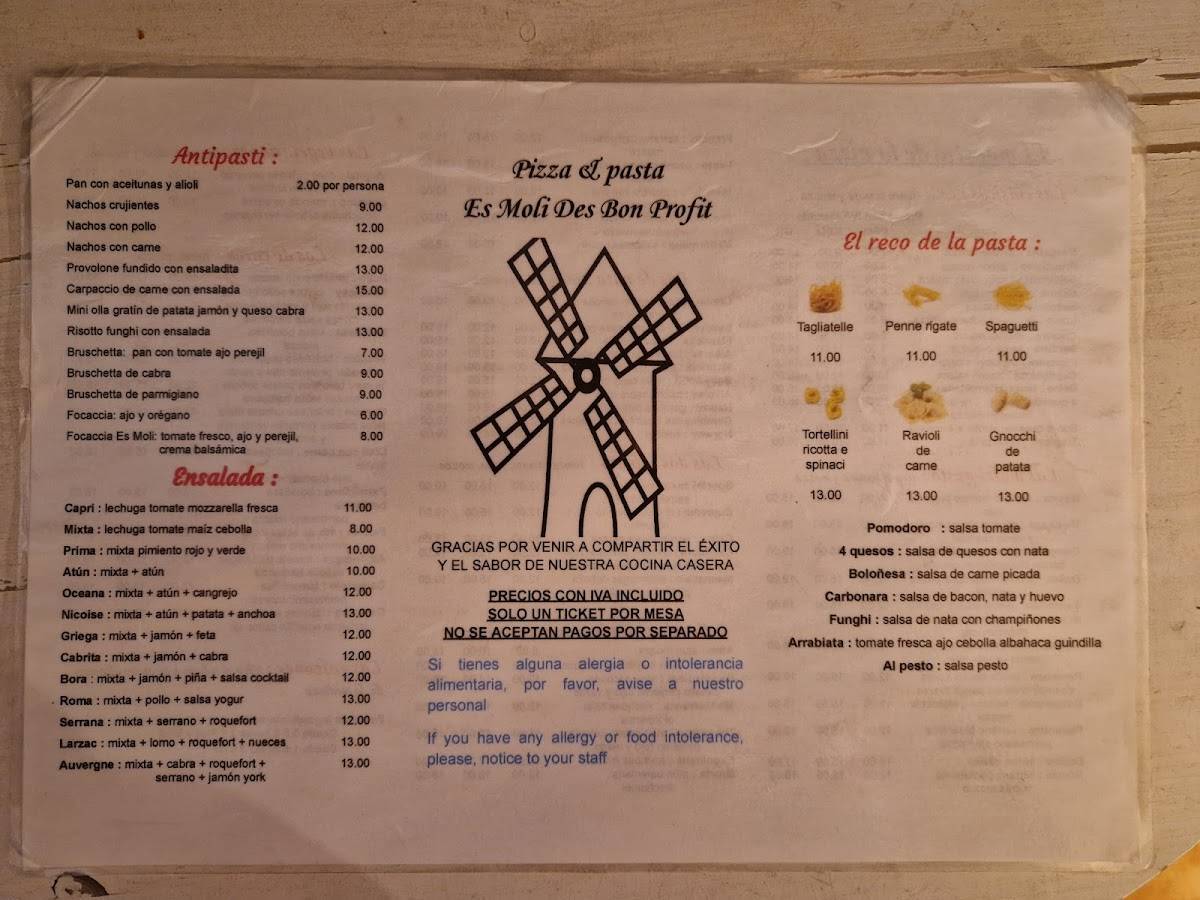 Carta del restaurante Es Molí D'Es Bon Profit, Campos