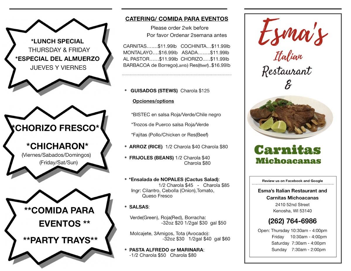Menu at Esma's Restaurant and Carnitas Michoacanas, Kenosha