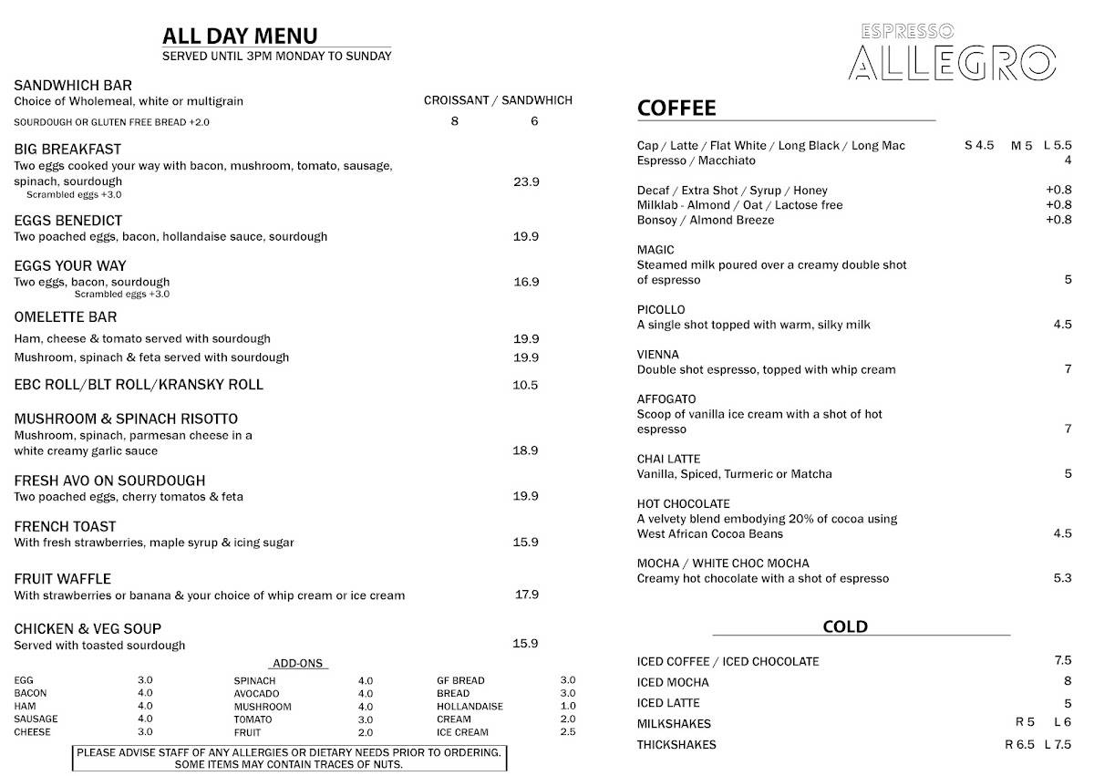 Menu at Espresso Allegro cafe, Altona Meadows