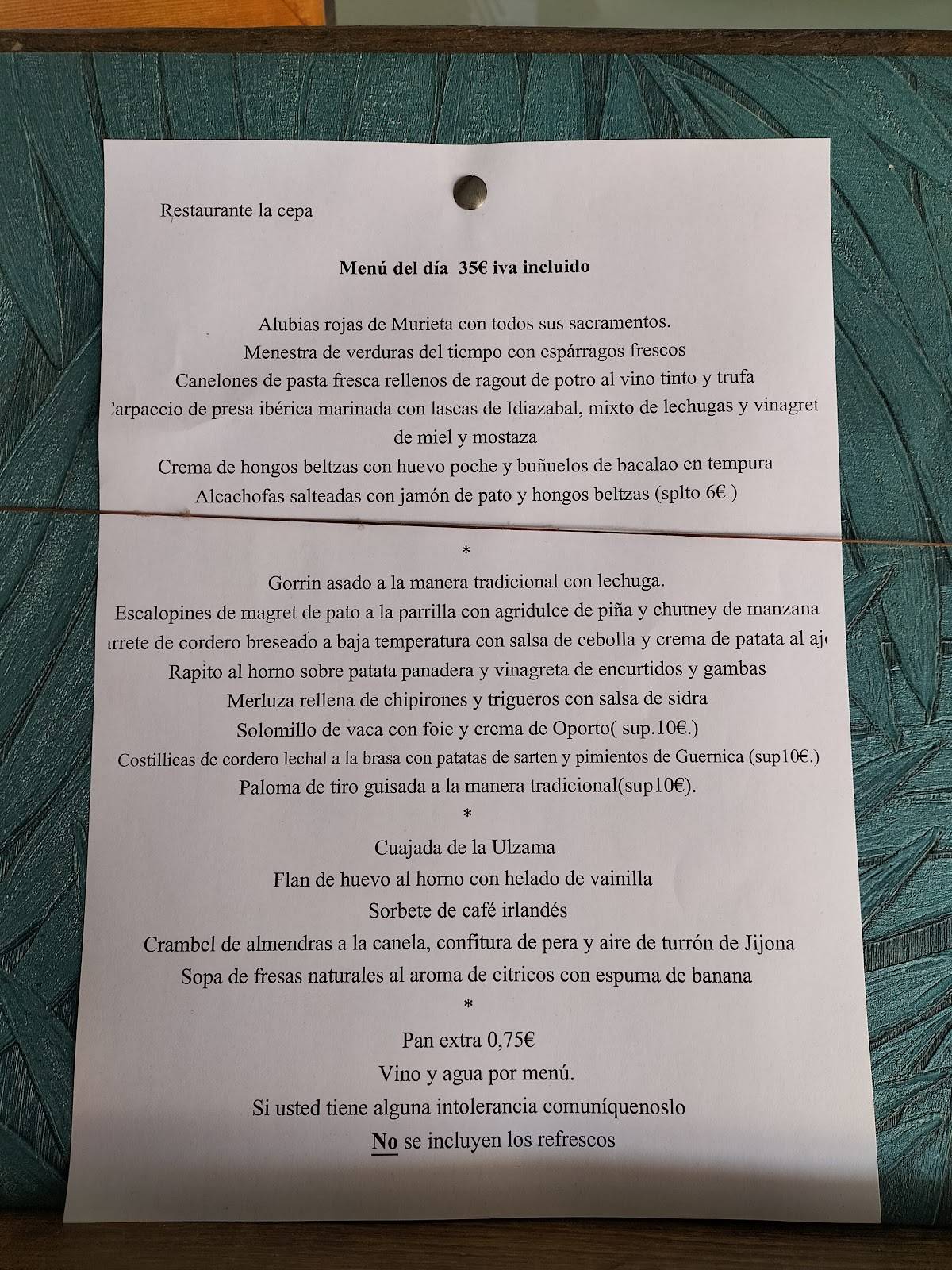 Carta del restaurante La Cepa, Estella