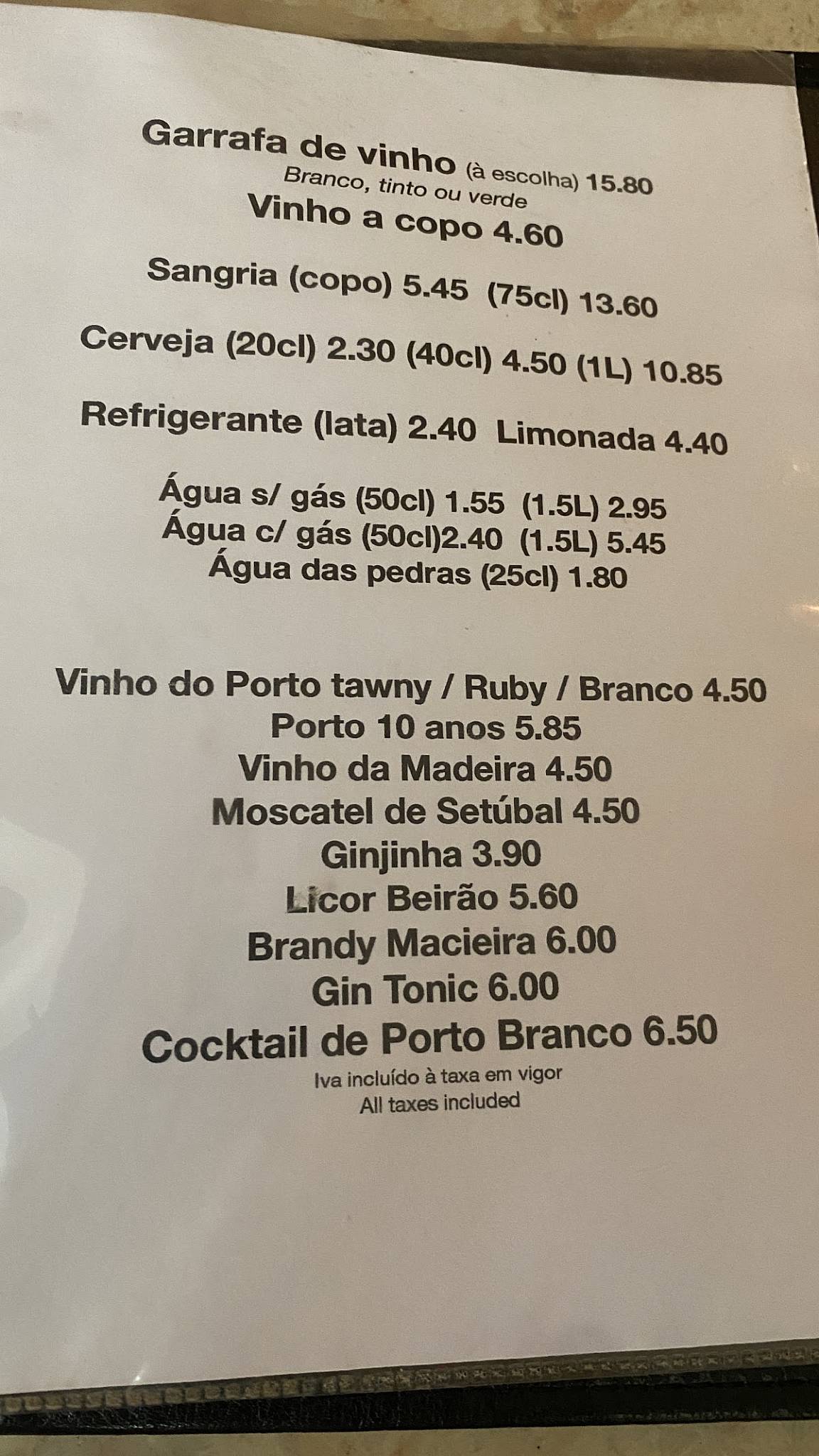 Menu at Estrela da Sé restaurant, Lisbon