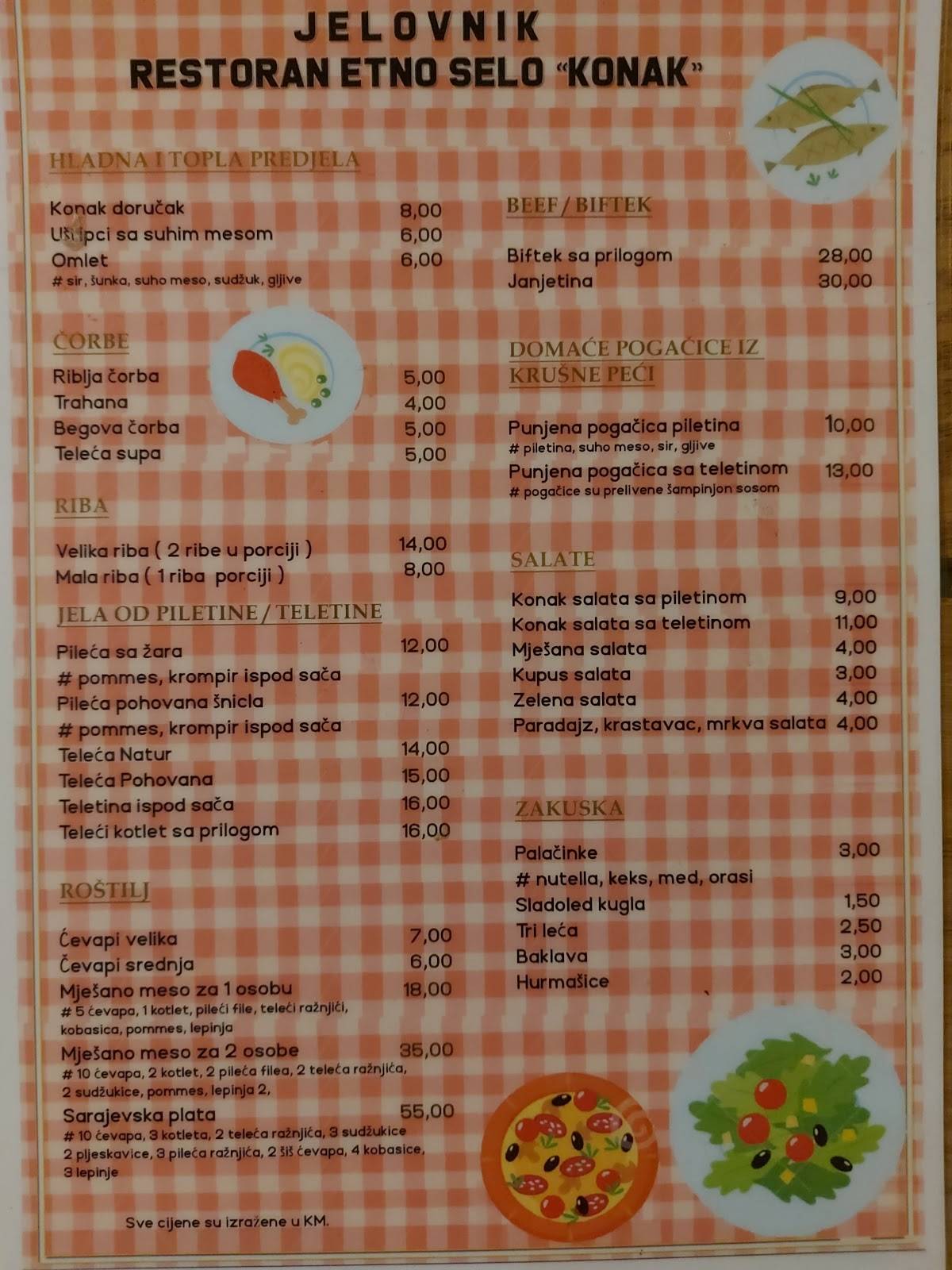 Menu at Etno selo "Konak" restaurant, Bosnia and Herzegovina