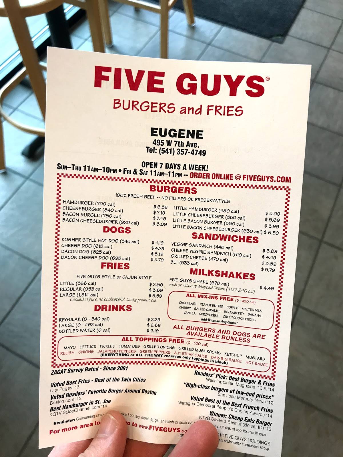 Menu at Five Guys fast food, Eugene, 495 W 7th Ave #100