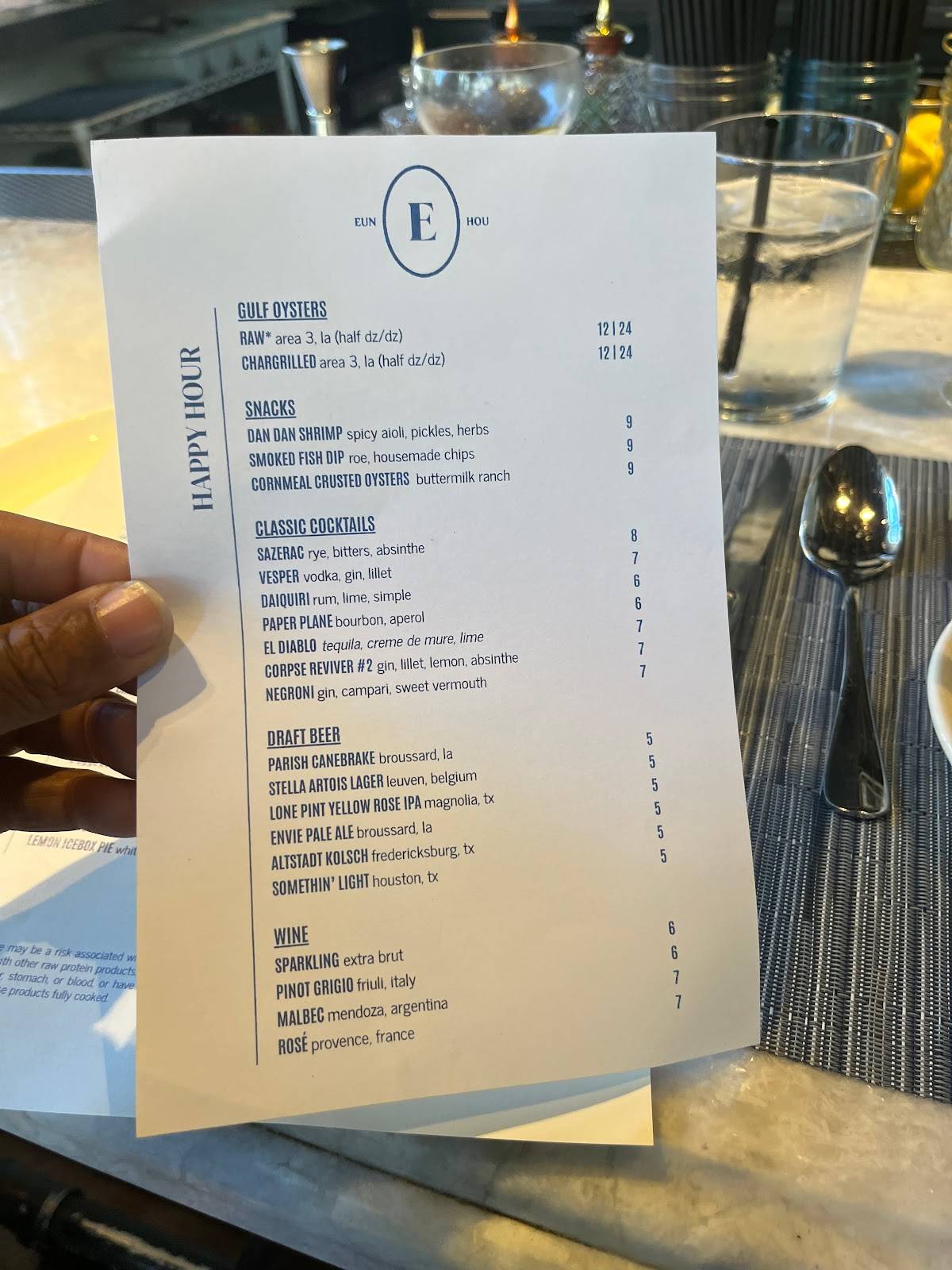 Menu at Eunice restaurant, Houston