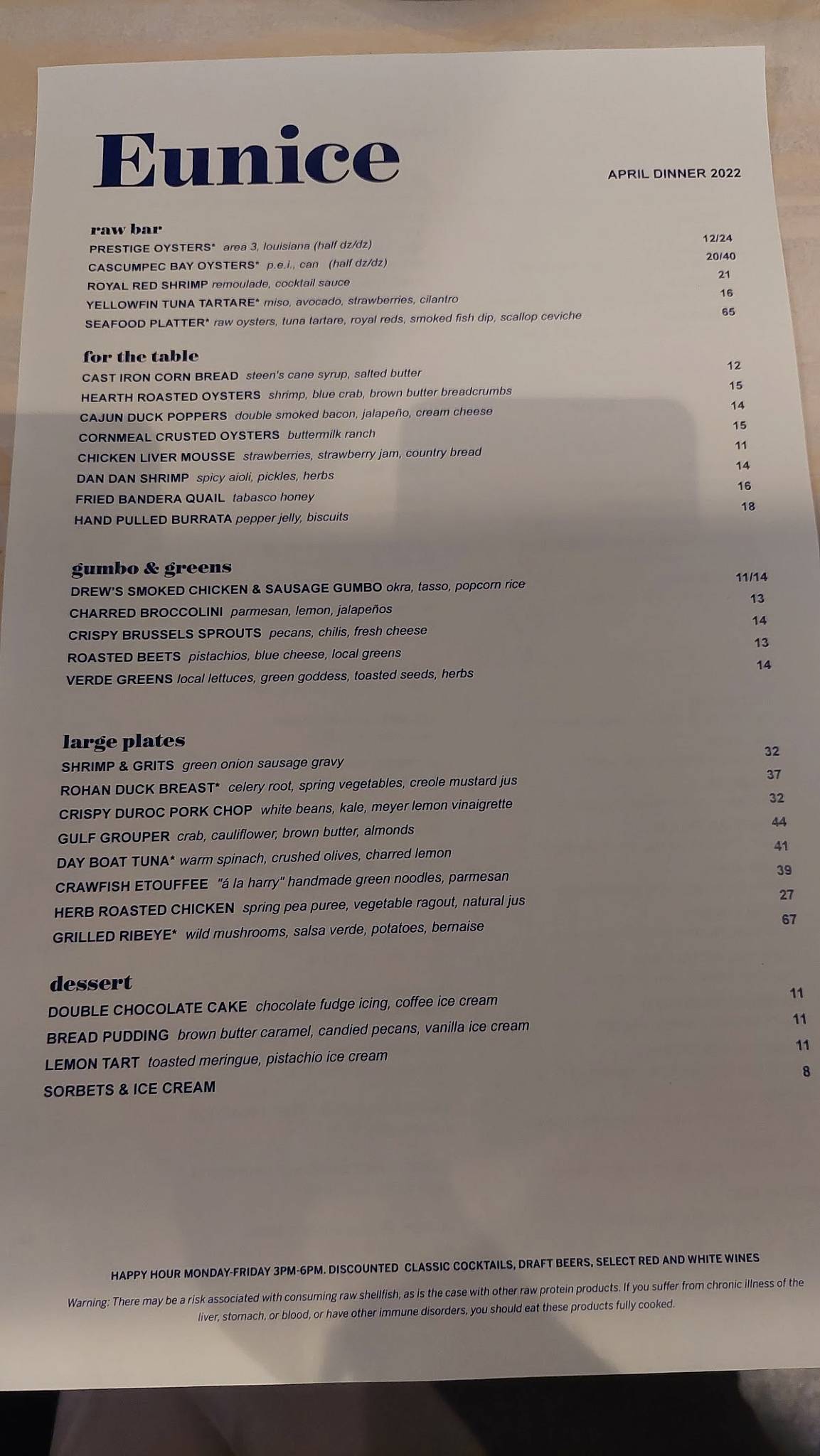 Menu at Eunice restaurant, Houston