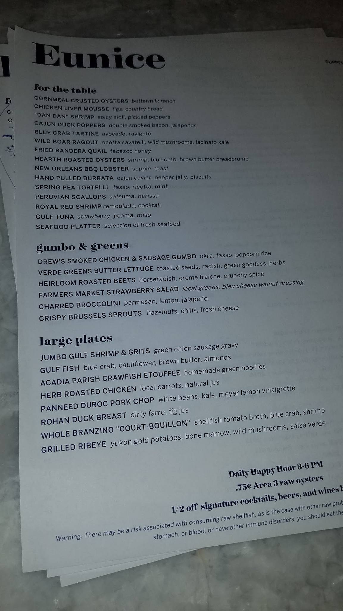 Menu at Eunice restaurant, Houston