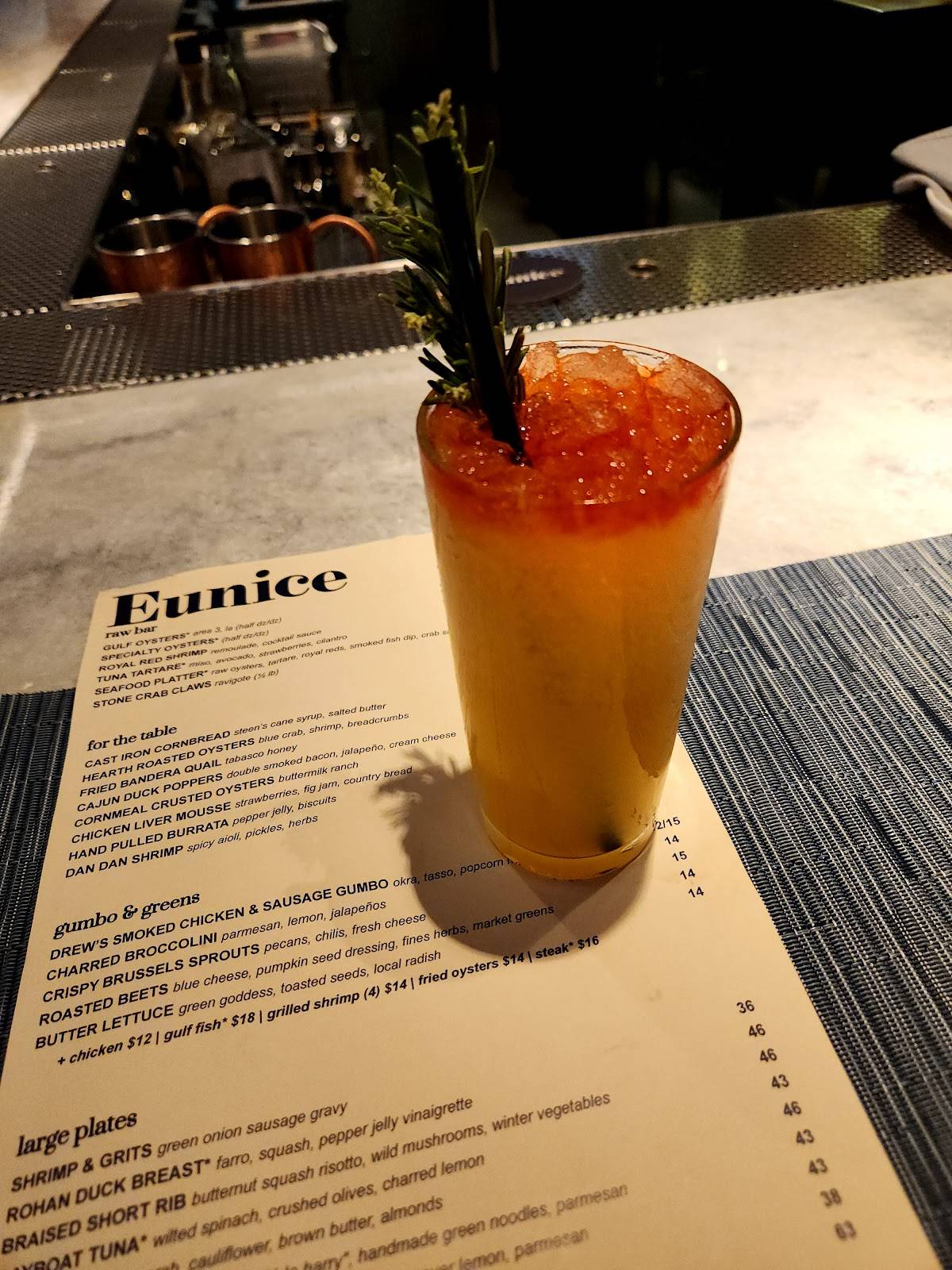 Menu at Eunice restaurant, Houston