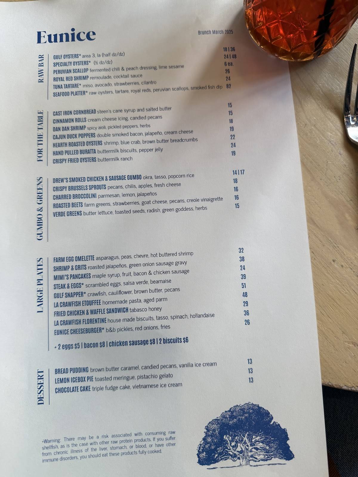 Menu at Eunice restaurant, Houston