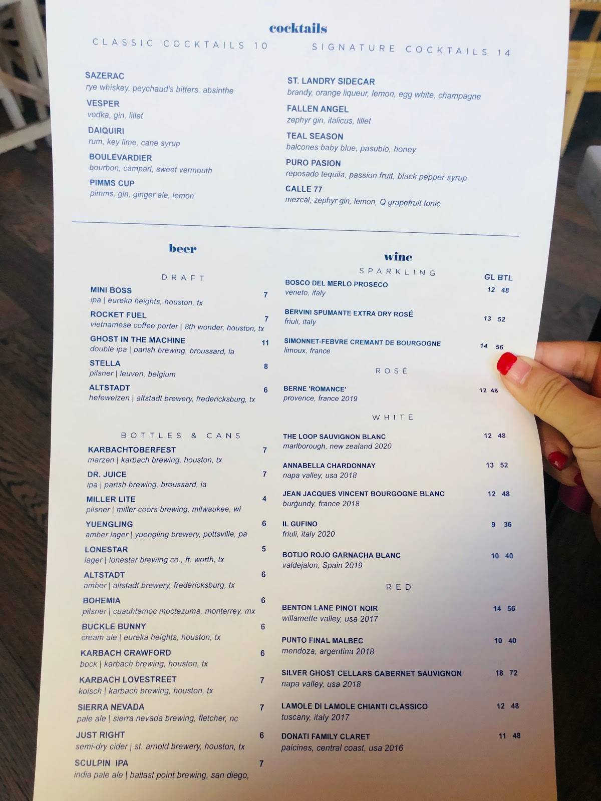 Menu at Eunice restaurant, Houston