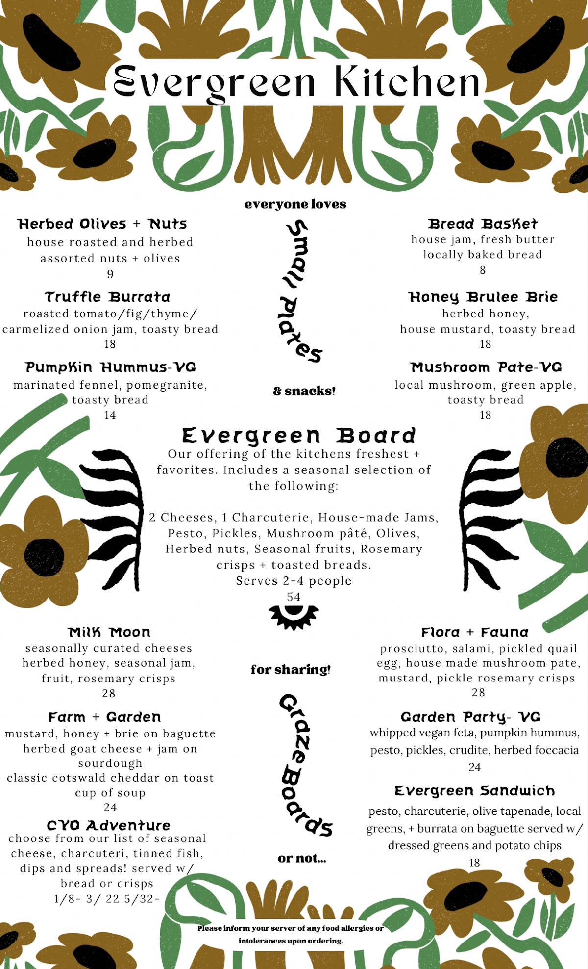 Menu at Evergreen Room pub & bar, Hudson