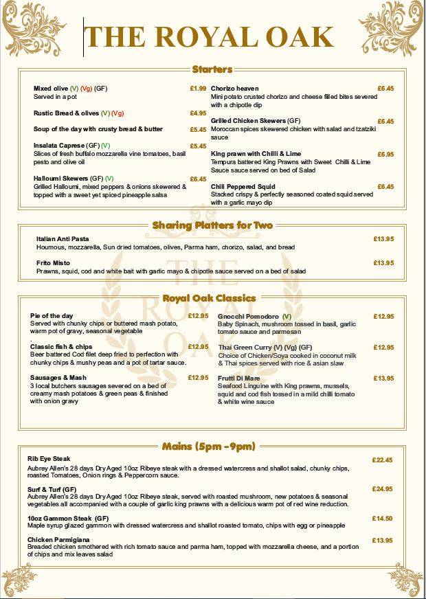 Menu at The Royal Oak pub & bar, Evesham