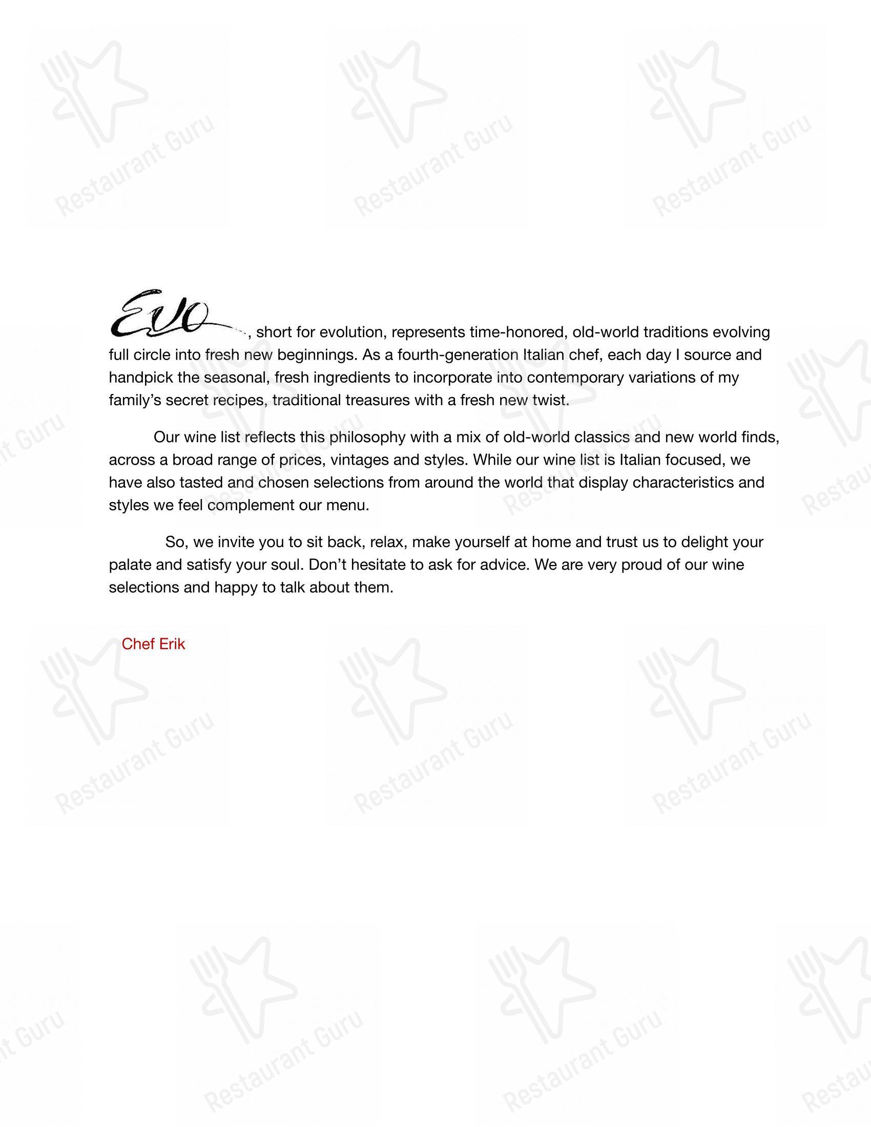 Menu at Evo Italian restaurant, Tequesta
