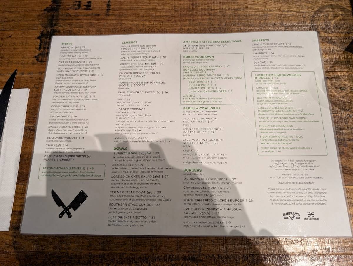 Menu at Exchange Hotel pub & bar, Gawler