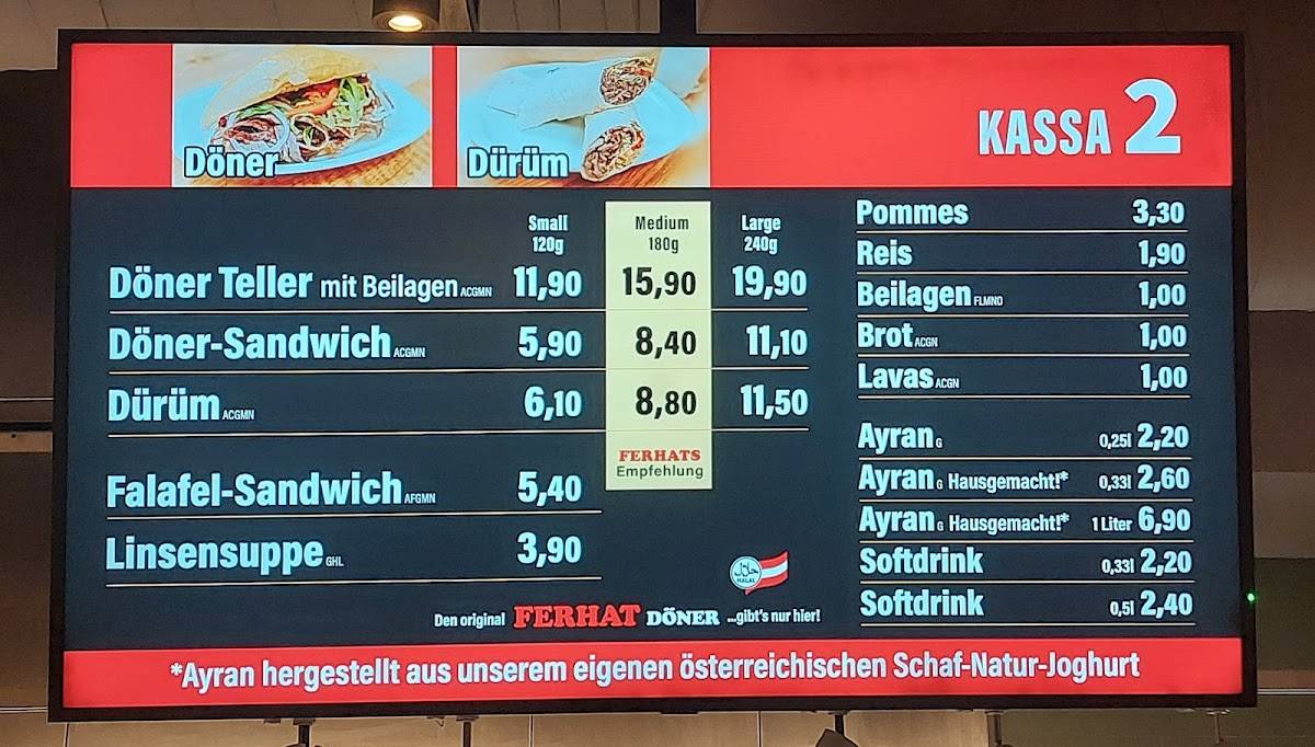 Speisekarte von FERHAT DÖNER restaurant, Wien, Favoritenstraße 94