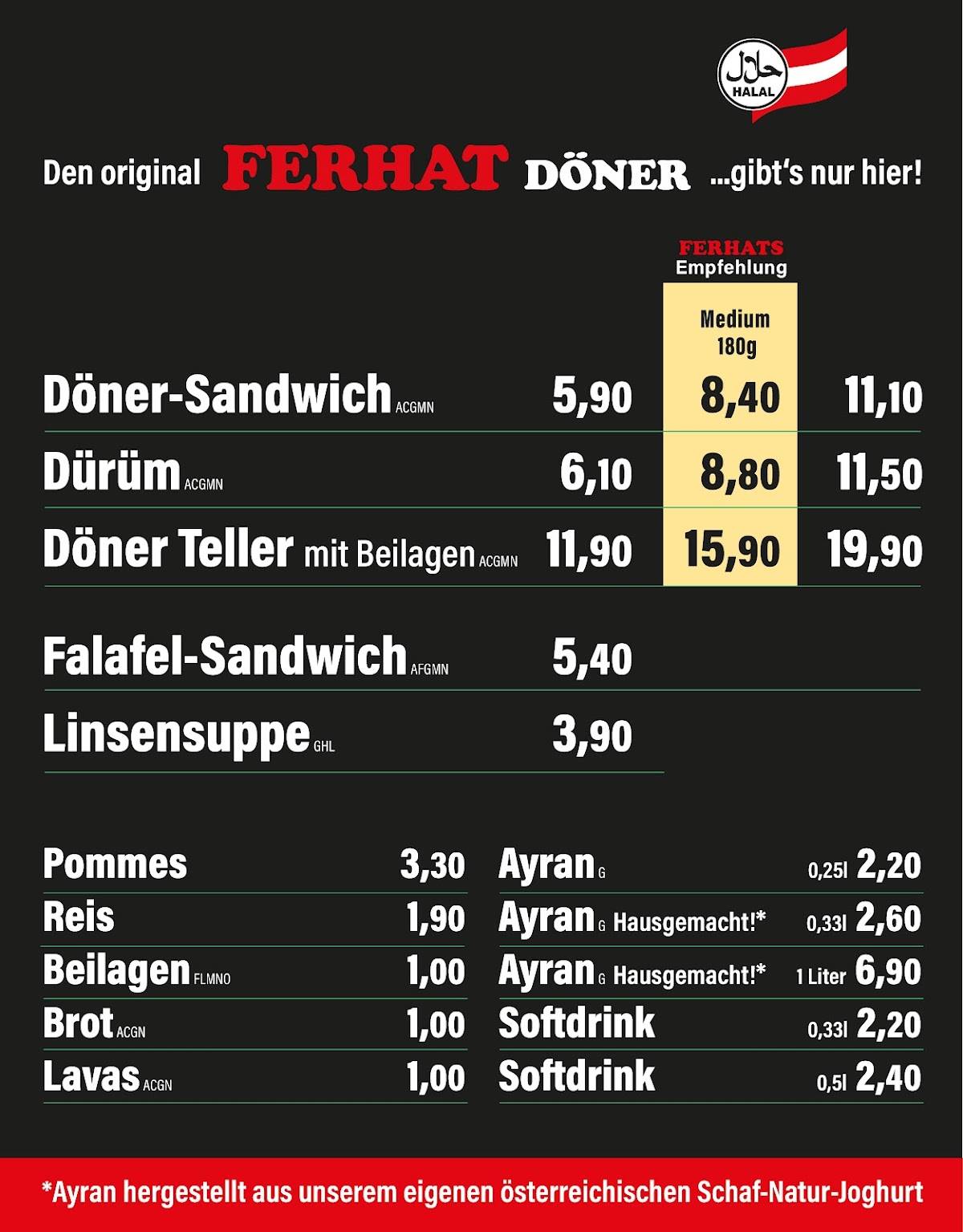 Speisekarte von FERHAT DÖNER restaurant, Wien, Favoritenstraße 94